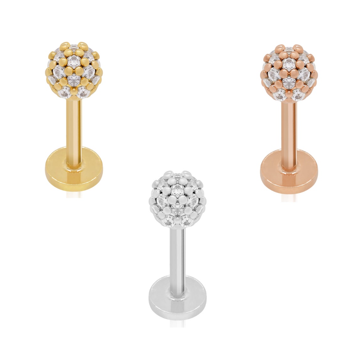 Full Dome Pave Diamond Top Labret, Barbell Studs, 14k Gold Cartilage ...
