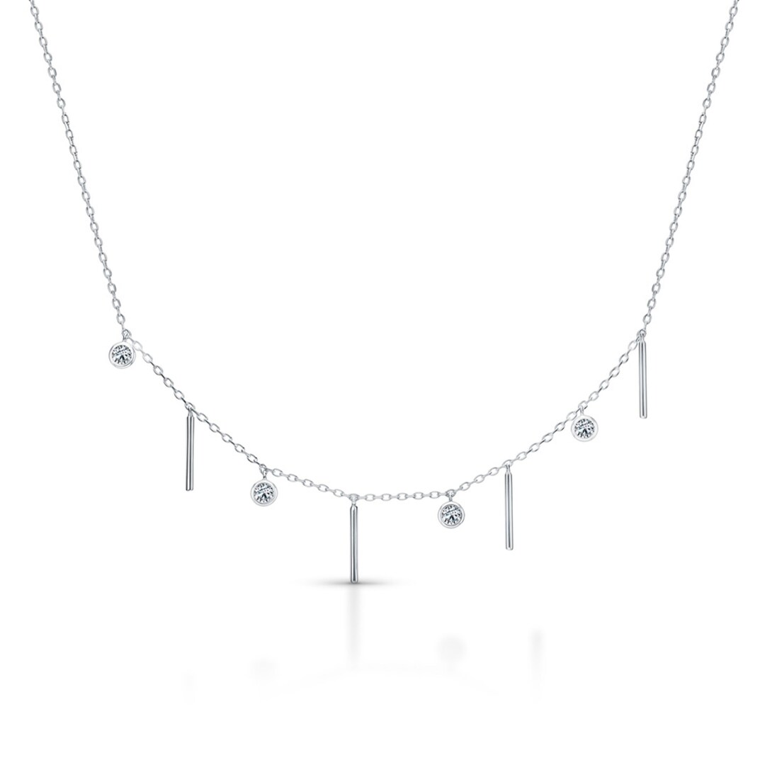 Bezel Set Diamond and Bar Necklace, 14k Gold Dangle Fringe Necklace ...