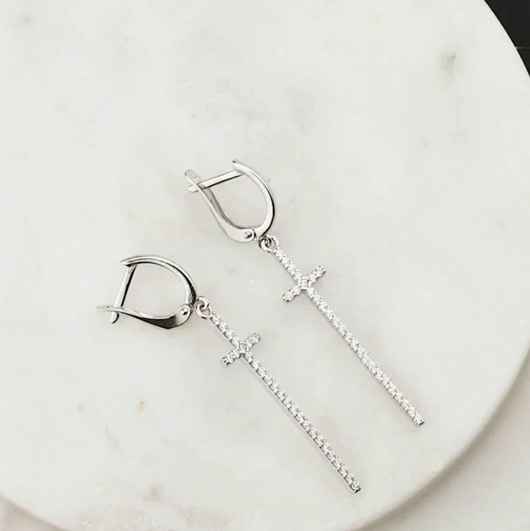 Dangle Drop Diamond Cross Hoop Earrings, Hanging Long Earring, Cross ...