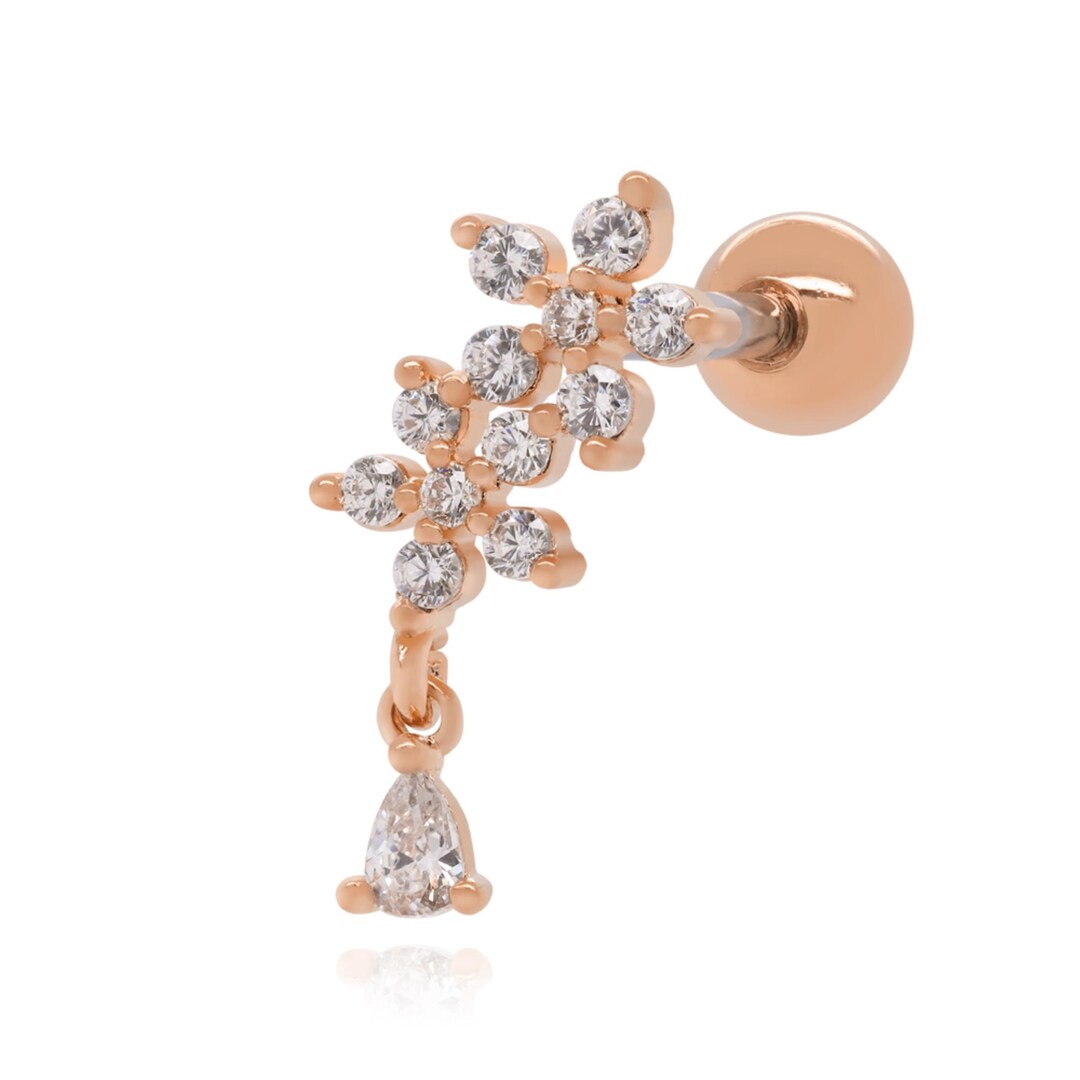Double Flower Pear Dangle Piercing, 14k Gold Diamond Floral Vines Stud ...
