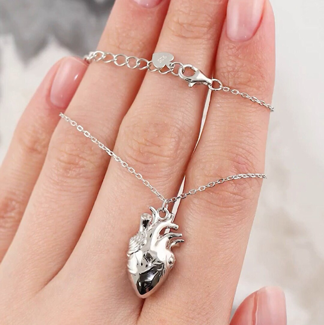 Sterling Silver Anatomical Heart Necklace, Human Heart Pendant in 14k ...