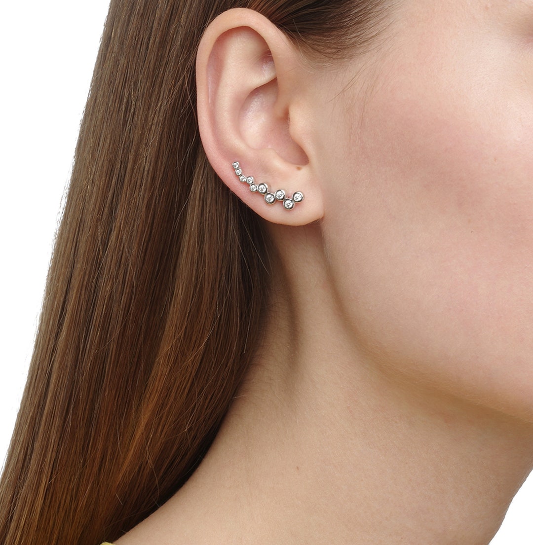 14k Gold Diamond Ear Climber Earrings, Bezel Round Ear Clawer Earrings ...