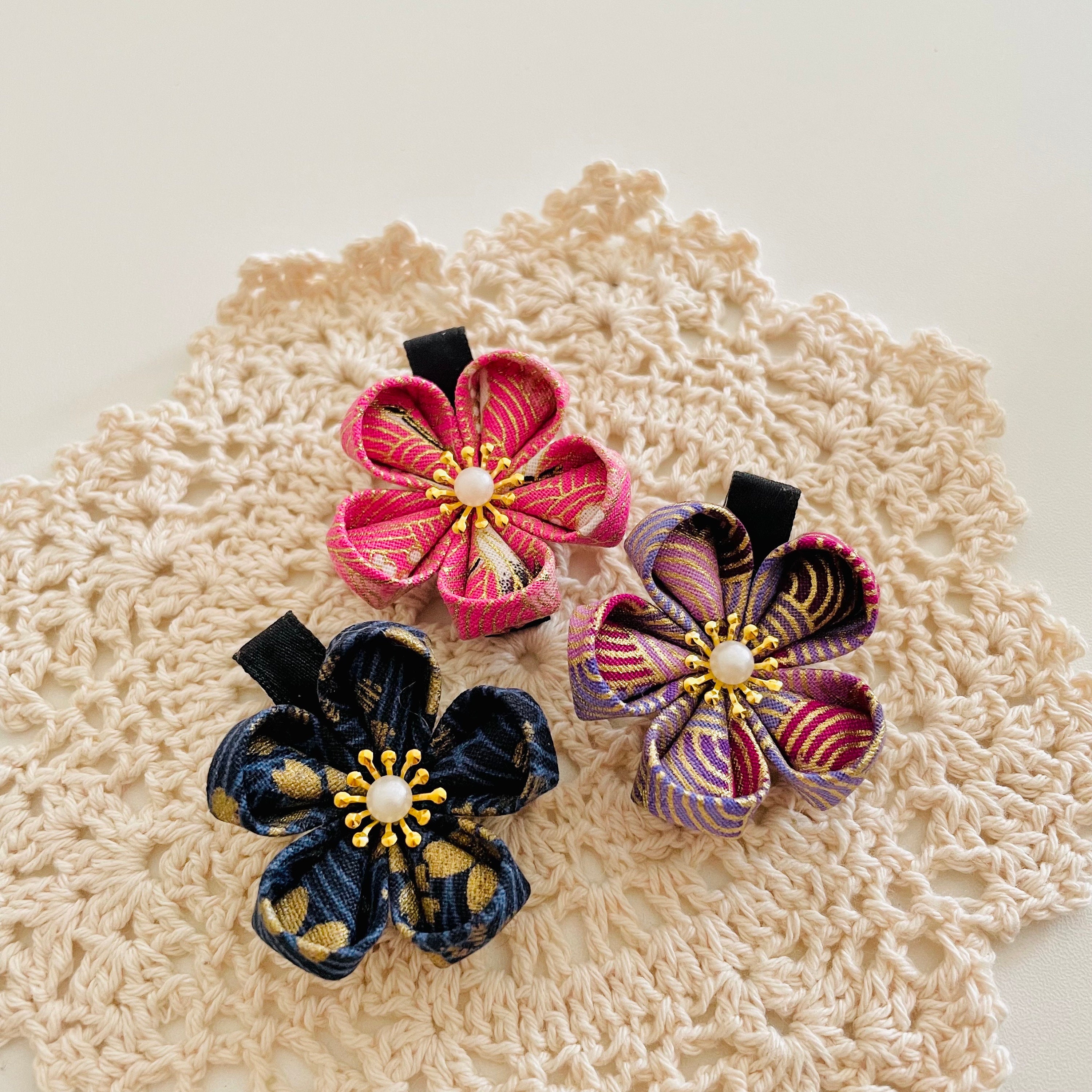 PAIR Clip - Japanese Kanzashi Cherry Blossom Hair Clip: Handmade Kimono ...