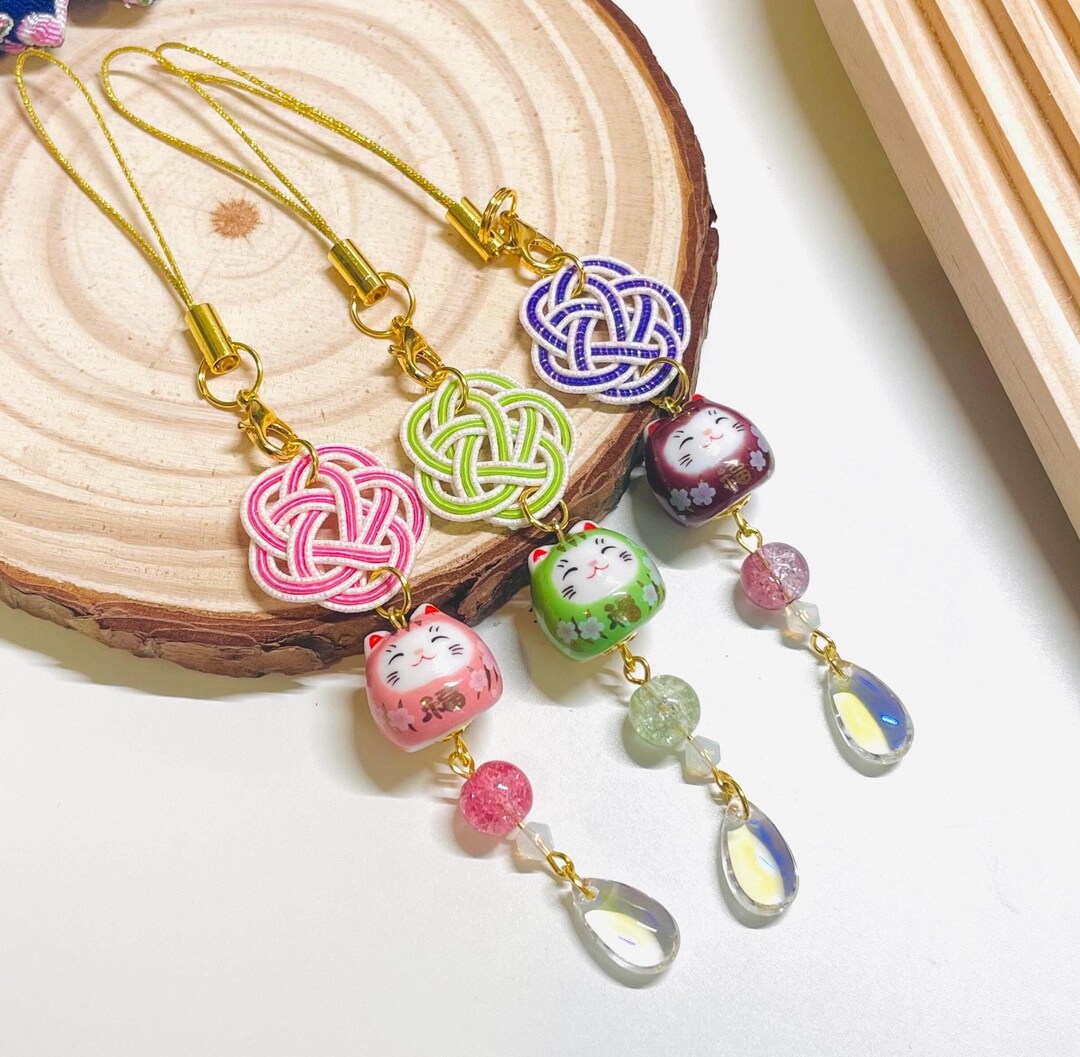 Japanese Mizuhiki Lucky Cat Phone Strap, Maneki-neko Gift Cat Lover ...