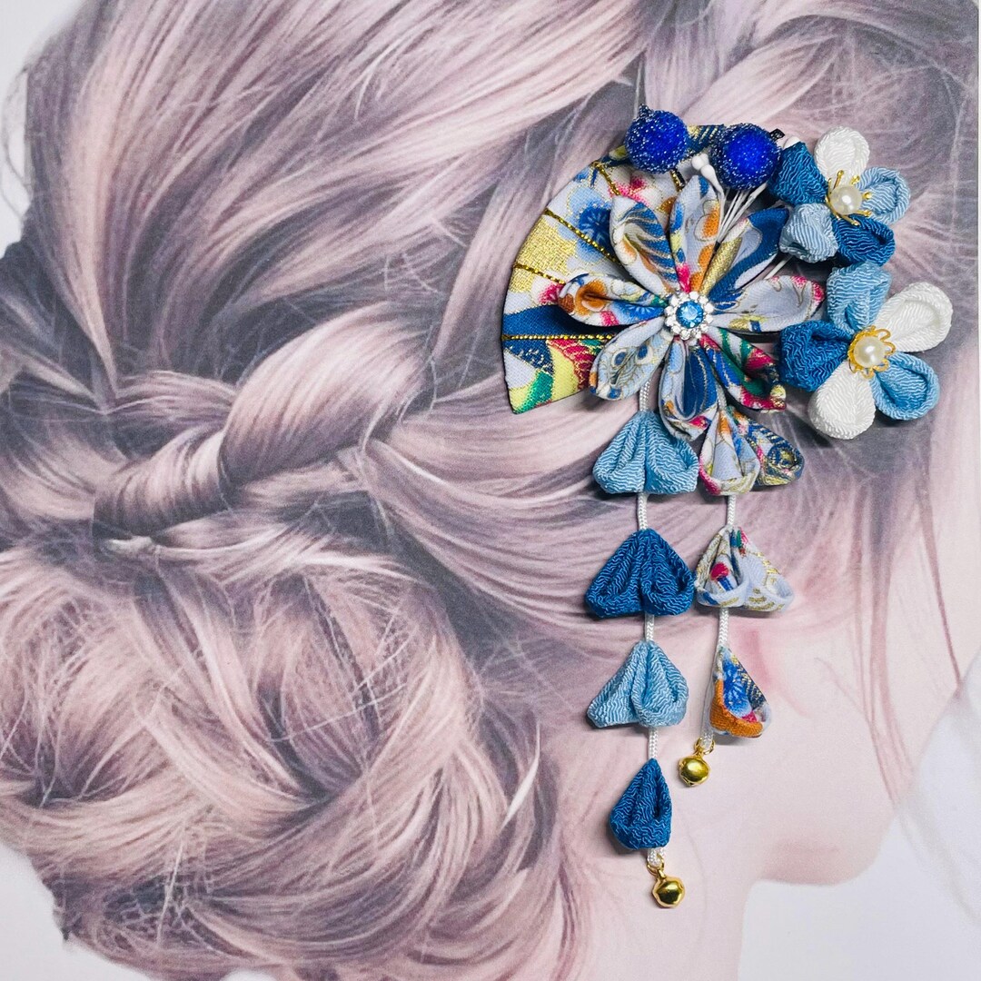 Handmade Japanese Blue Kimono Clip for Women, Blossom Fan Kanzashi ...