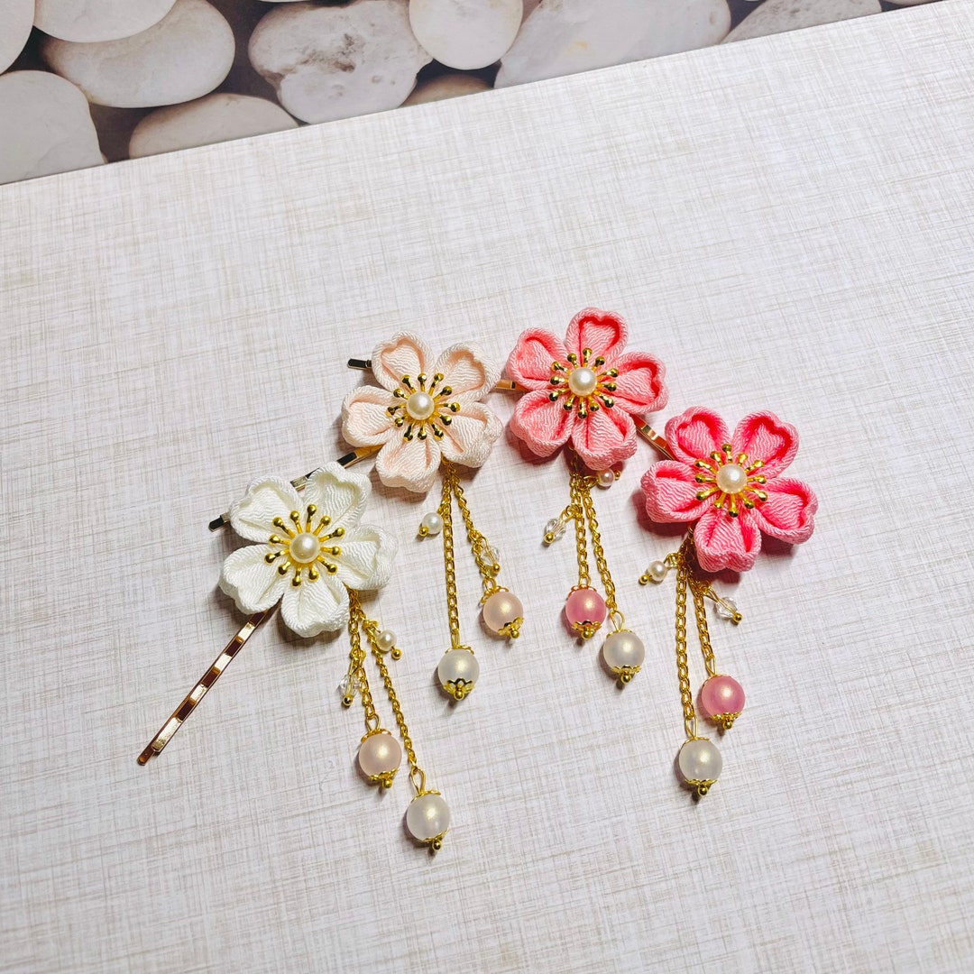 Japanese Cherry Blossom Pink White Kanzashi Hair Pins Tsumami - Etsy