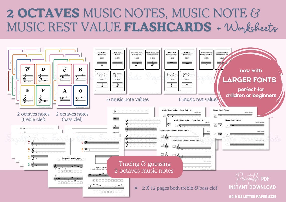 PRINTABLE PDF 2 Octaves Piano Music Note Rest Value Flashcard | Full ...