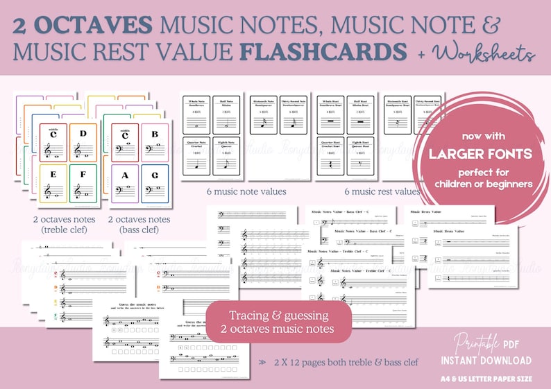 Piano Music Note Flashcards & Worksheet Bundle (printable PDF) - Etsy