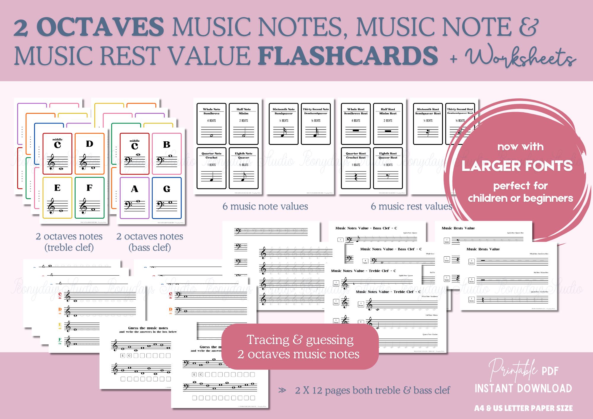 PRINTABLE PDF 2 Octaves Piano Music Note Rest Value Flashcard | Full ...