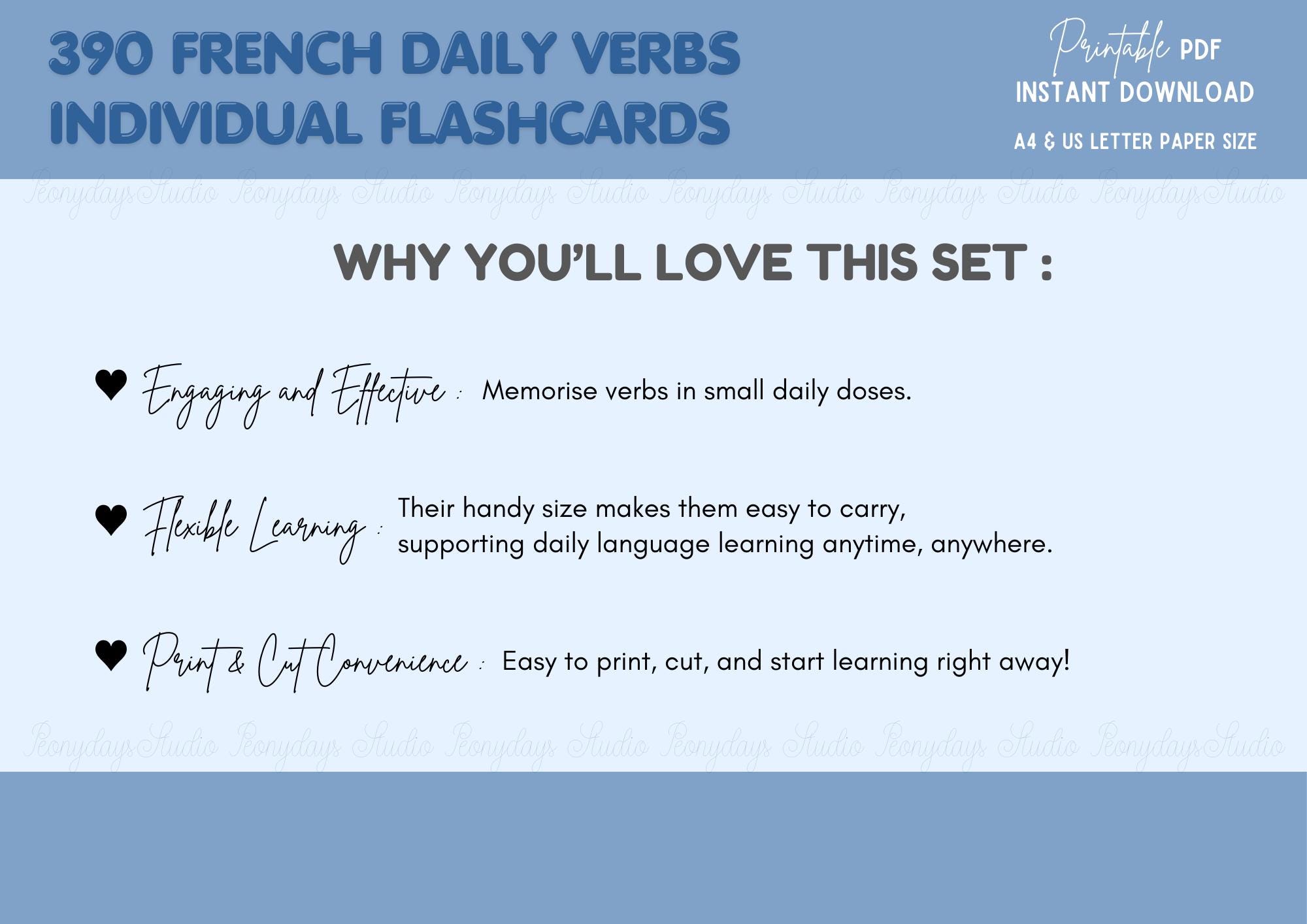 PRINTABLE PDF 390 French Verbs Flashcards | A4 US Letter | Daily Verbs ...