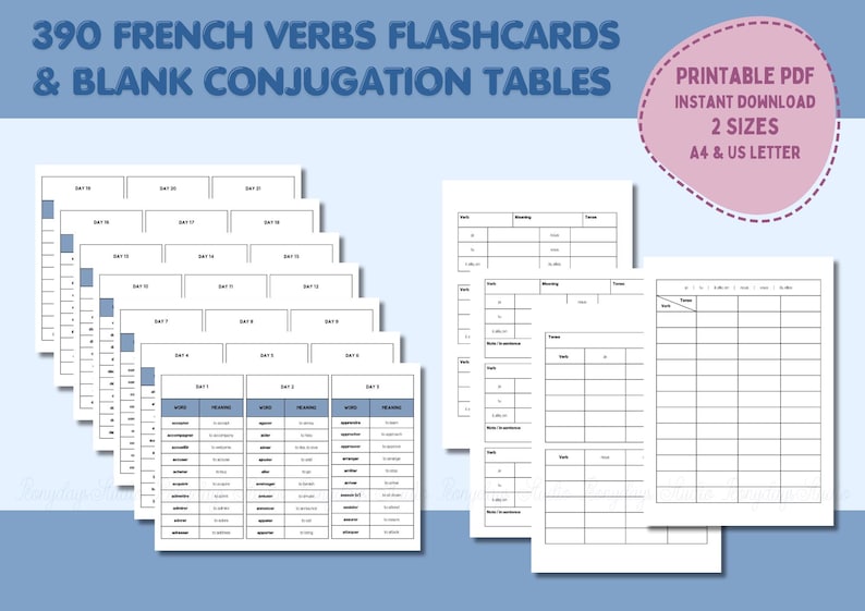 390 French Verbs Printable Print Cut Flashcards With Blank Conjugation ...