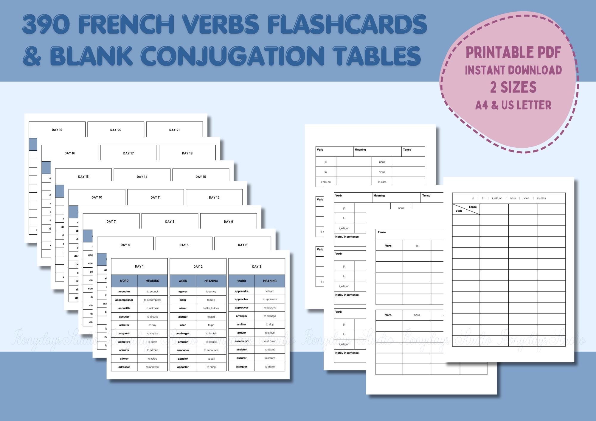 390 French Verbs Printable Print Cut Flashcards With Blank Conjugation ...