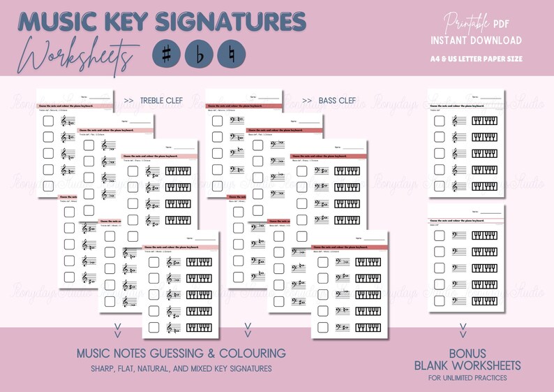PRINTABLE PDF Music Key Signatures Worksheets | Learn Practice Notes ...