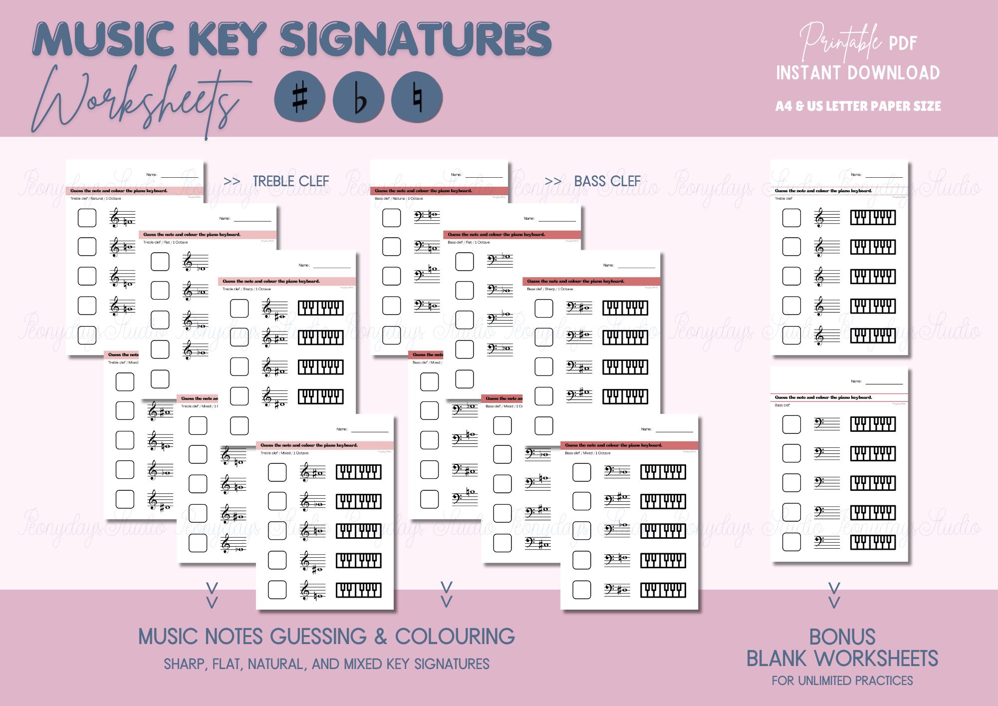 PRINTABLE PDF Music Key Signatures Worksheets | Learn Practice Notes ...