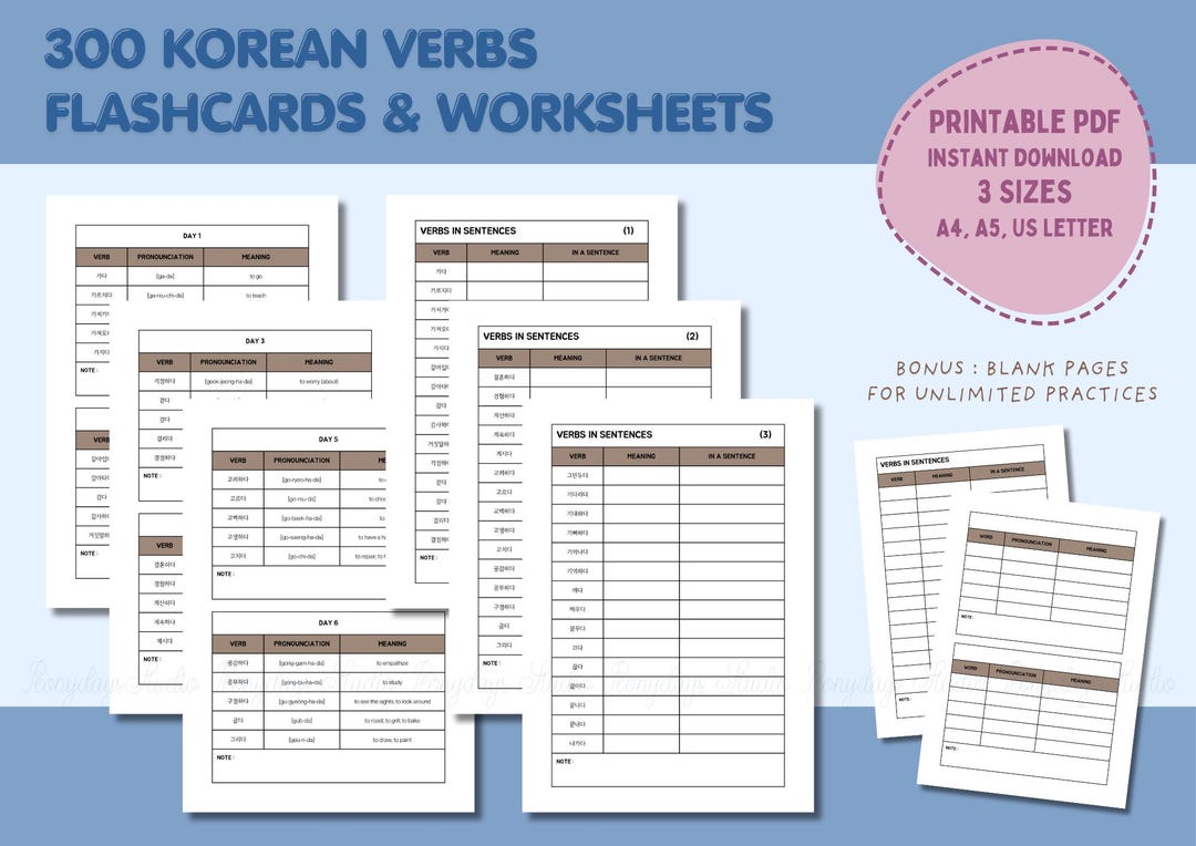 PRINTABLE PDF 300 Korean-english Essential Daily Life Verbs Flashcards ...