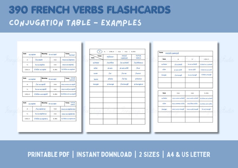390 French Verbs Printable Print Cut Flashcards With Blank Conjugation ...