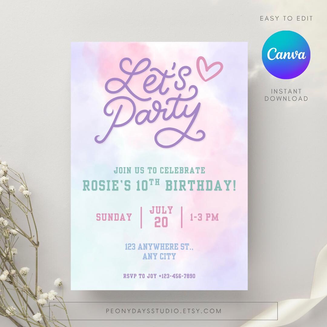 Editable Pastel Watercolour Party Invitation Canva Template Summer ...