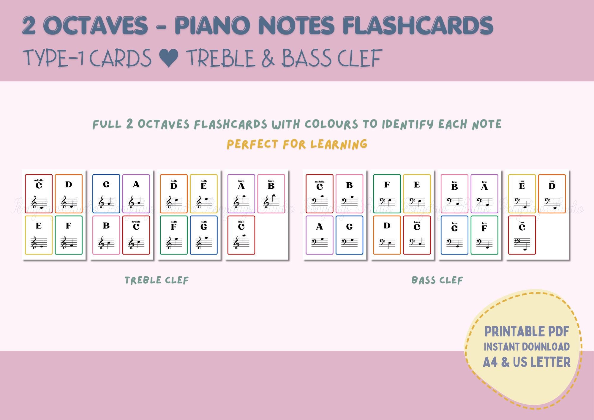 Piano Music Note Flashcards | Beginner 2 Octaves + Bonus Sheets ...