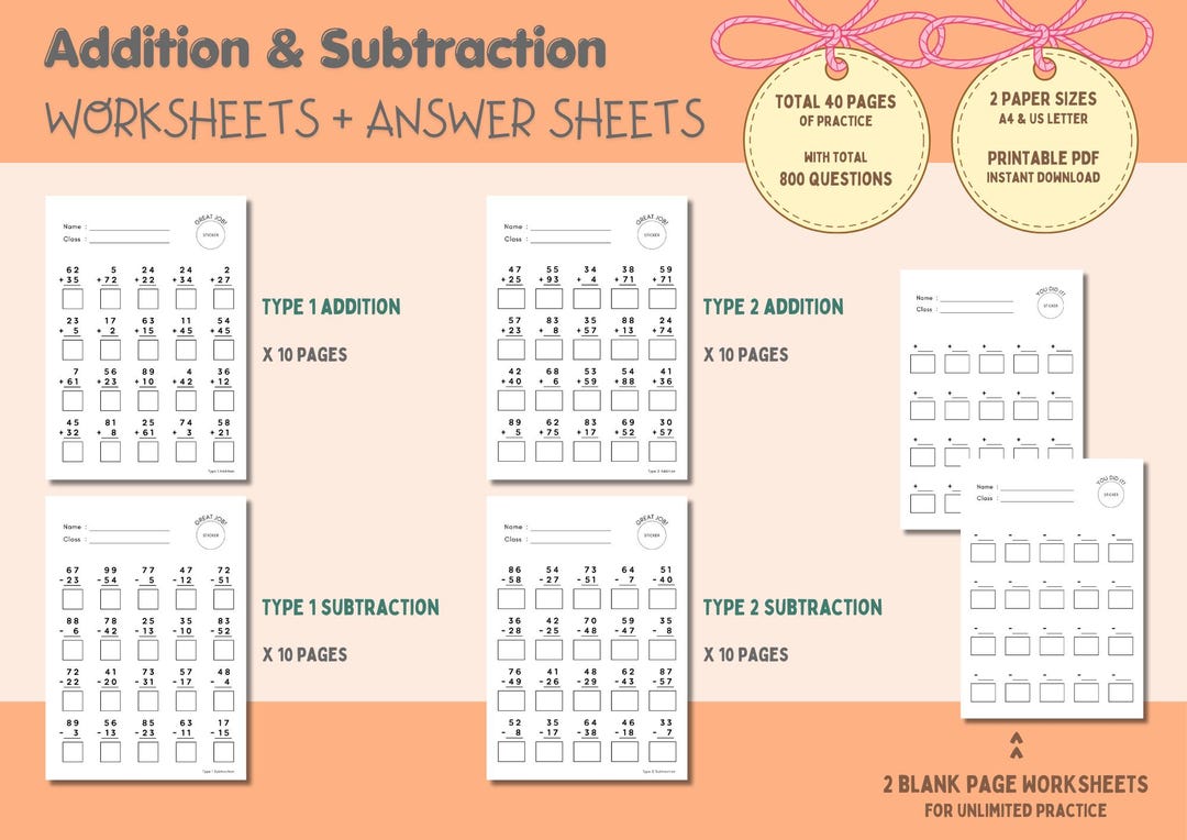 PRINTABLE PDF Addition & Subtraction Worksheets Math Practice for Kids ...