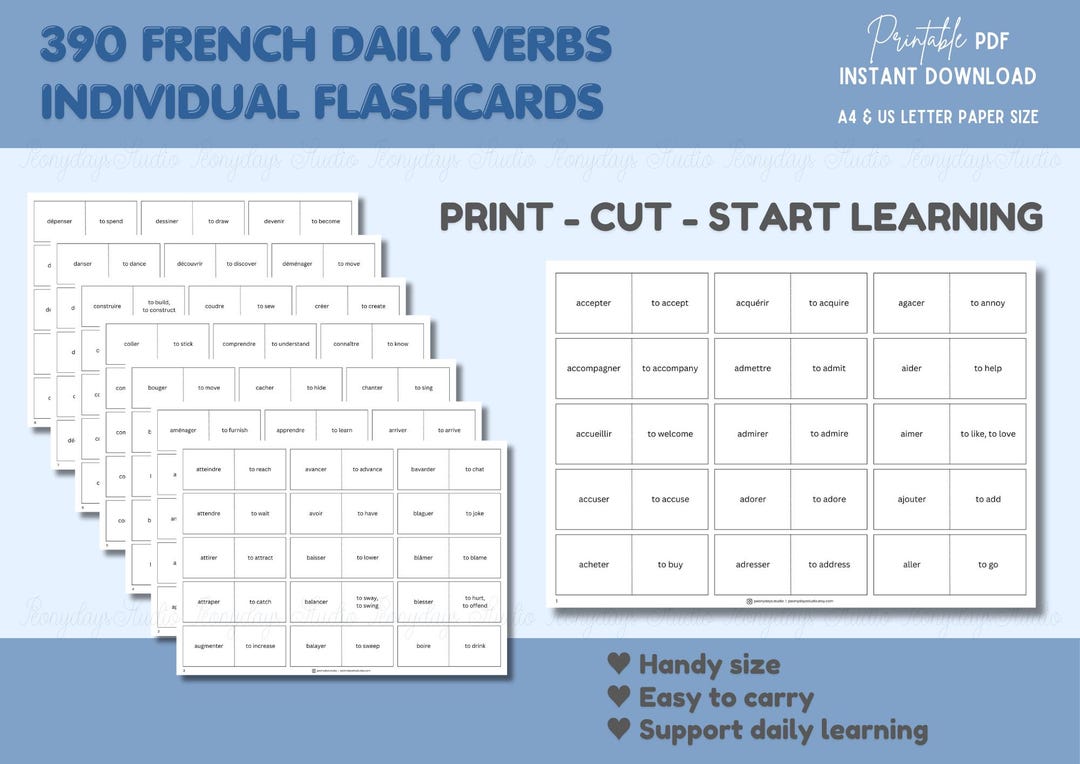 PRINTABLE PDF 390 French Verbs Flashcards | A4 US Letter | Daily Verbs ...