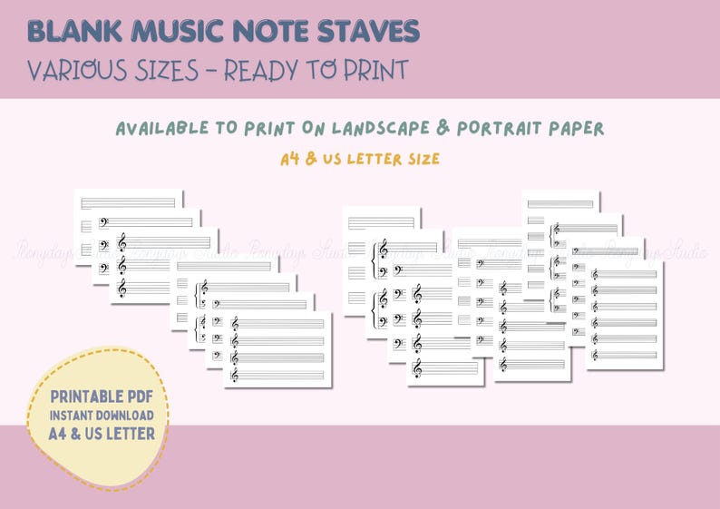 PRINTABLE PDF Blank Music Note Stave Staff | Printable Sheets for Note ...