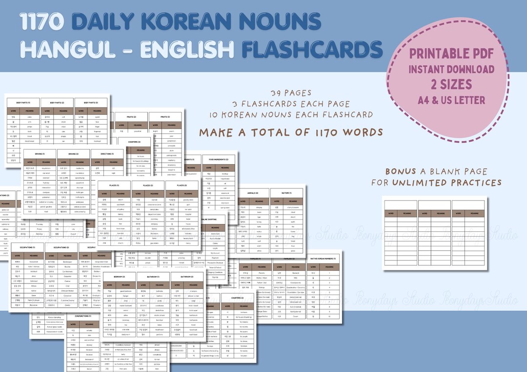 PRINTABLE PDF Korean Hangul - English Noun Flashcards | Essential Daily ...