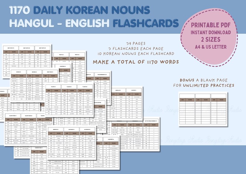 PRINTABLE PDF Korean Hangul - English Noun Flashcards | Essential Daily ...