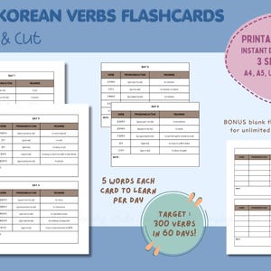 PRINTABLE PDF 300 Korean-english Essential Daily Life Verbs Flashcards ...