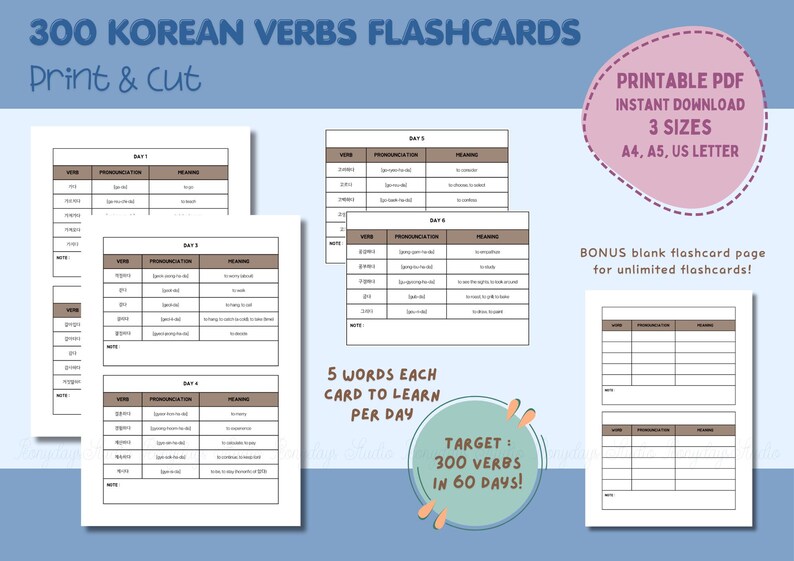 PRINTABLE PDF 300 Korean-english Essential Daily Life Verbs Flashcards ...