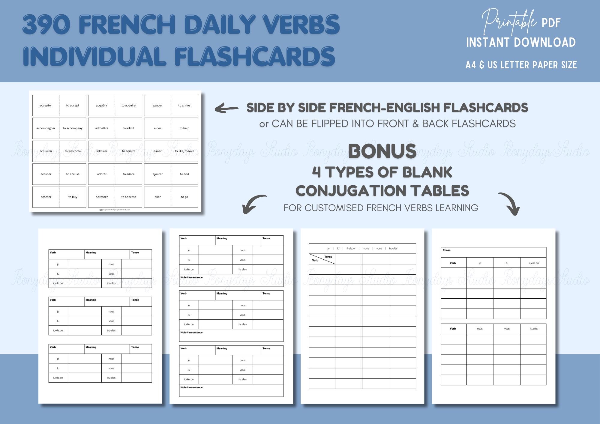 PRINTABLE PDF 390 French Verbs Flashcards | A4 US Letter | Daily Verbs ...