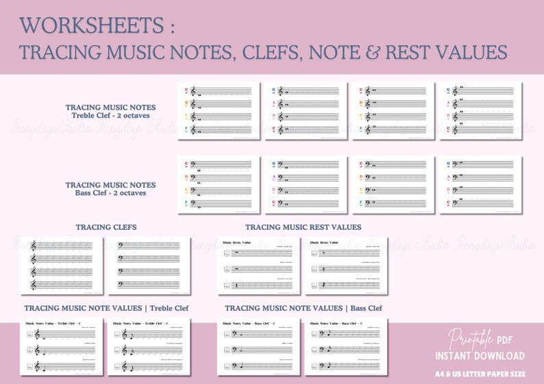 PRINTABLE PDF 2 Octaves Piano Music Note Rest Value Flashcard | Full ...