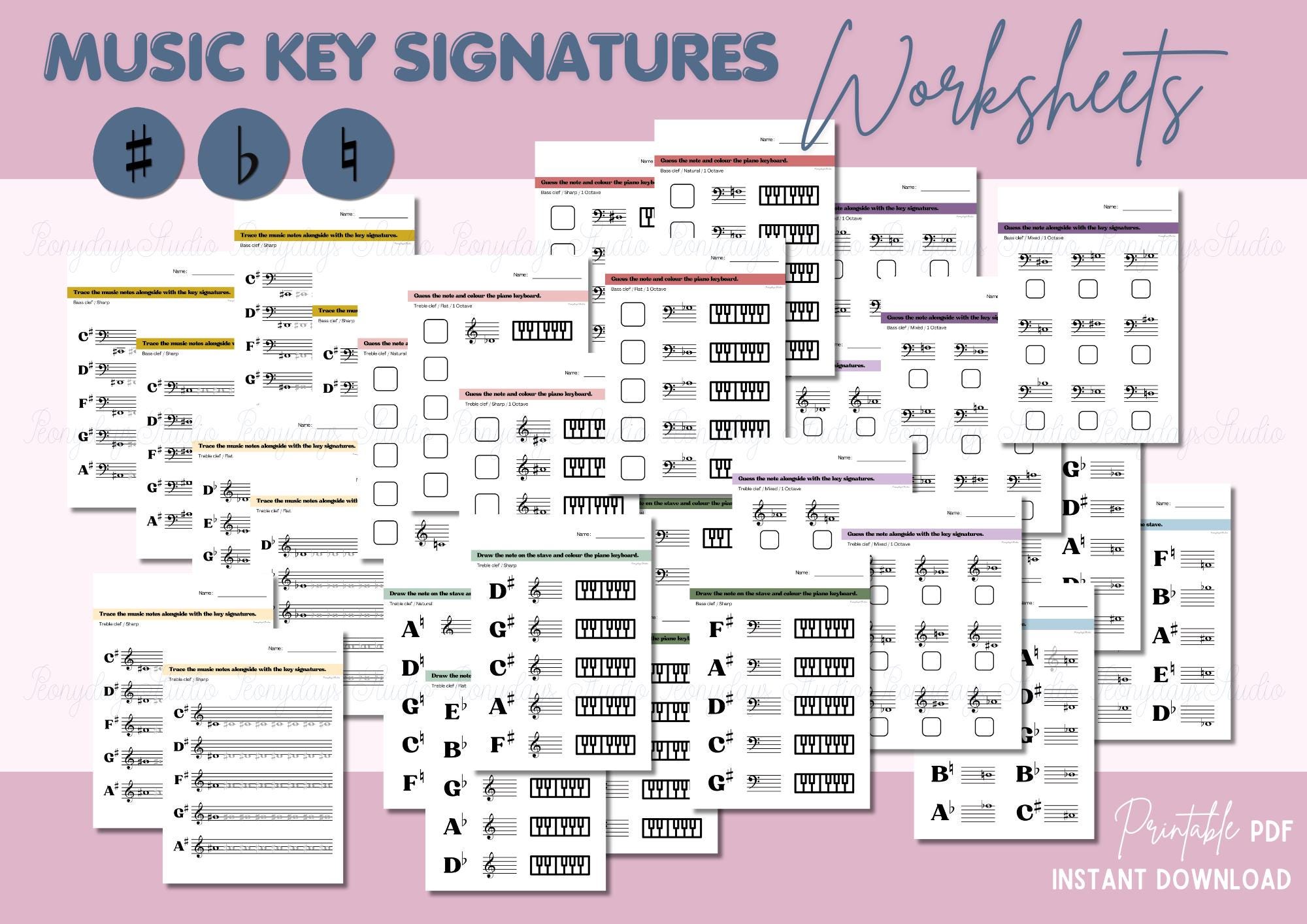 PRINTABLE PDF Music Key Signatures Worksheets | Learn Practice Notes ...