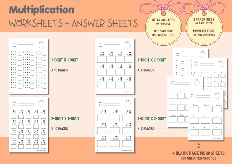 PRINTABLE PDF Multi-digit Multiplication Practice Worksheets | Math ...
