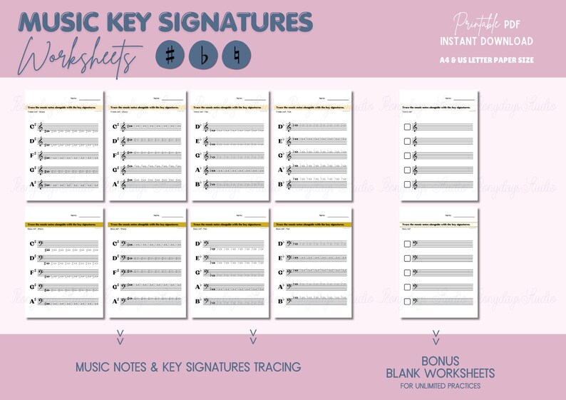PRINTABLE PDF Music Key Signatures Worksheets | Learn Practice Notes ...