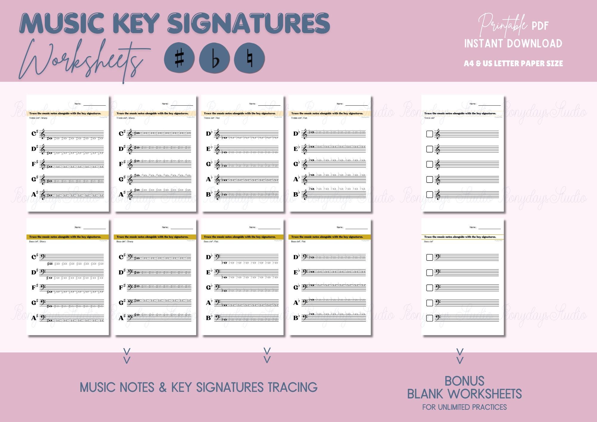 PRINTABLE PDF Music Key Signatures Worksheets | Learn Practice Notes ...