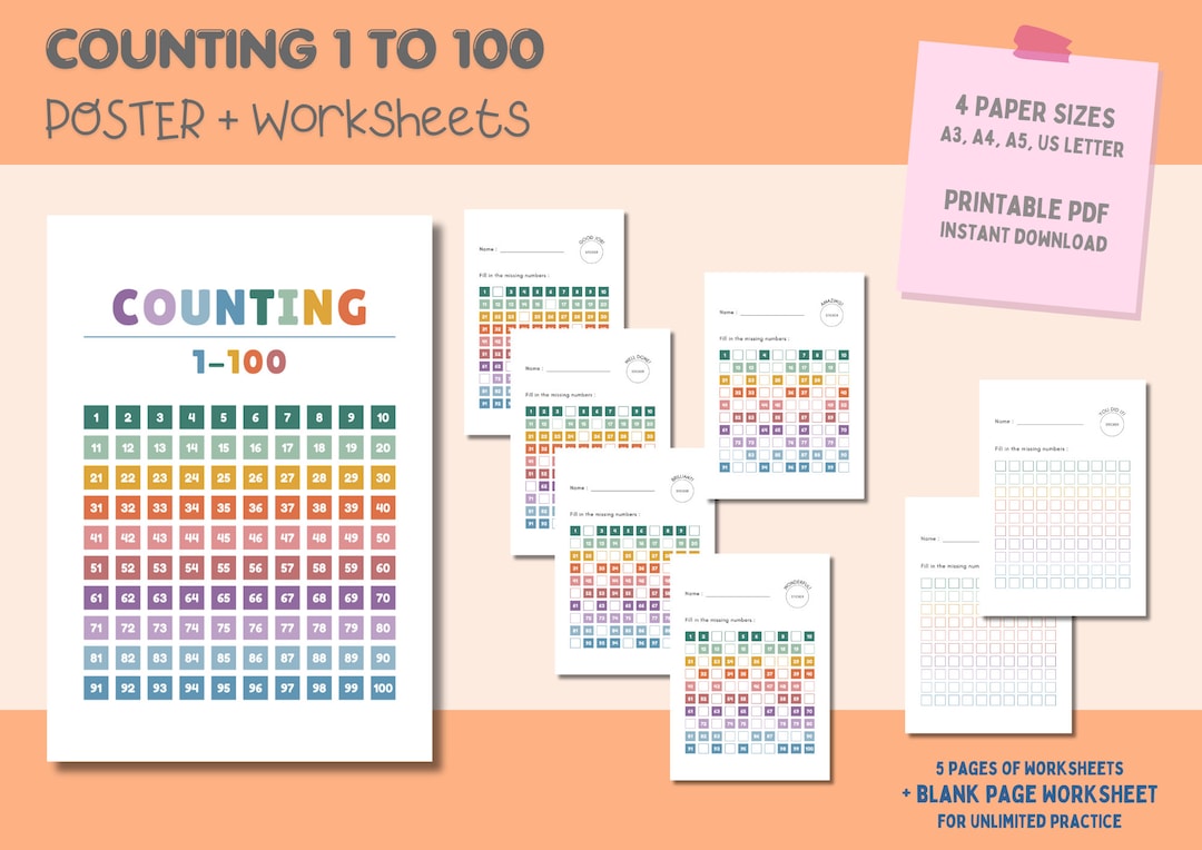 PRINTABLE PDF Counting 1-100 Children Kids Poster Worksheet Preschool ...