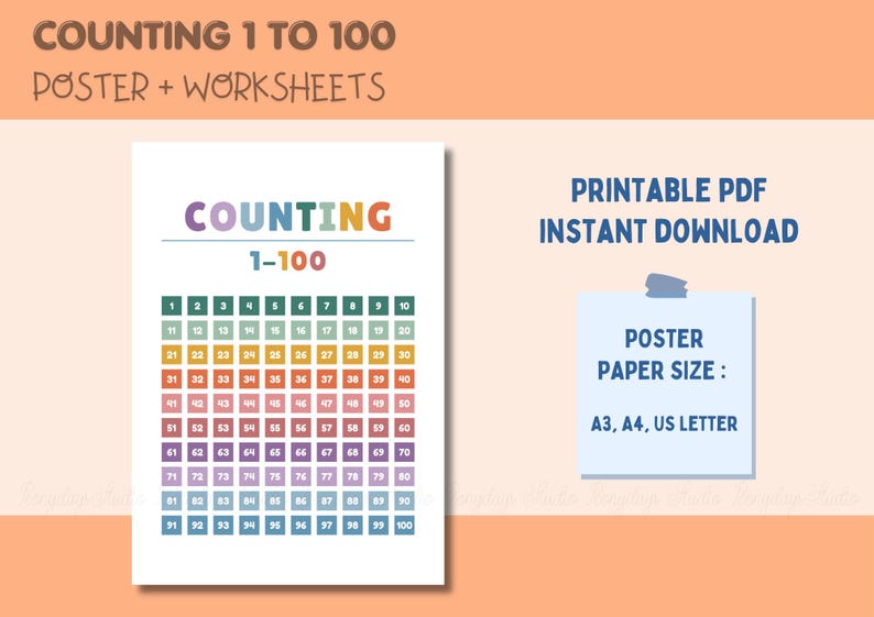 PRINTABLE PDF Counting & Writing 1-100 Colourful Poster Practice Sheets ...