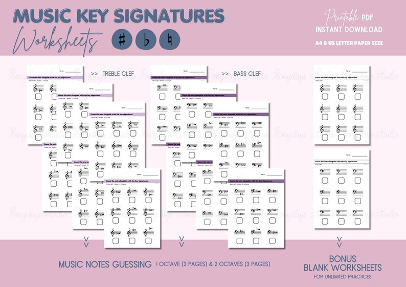PRINTABLE PDF Music Key Signatures Worksheets | Learn Practice Notes ...