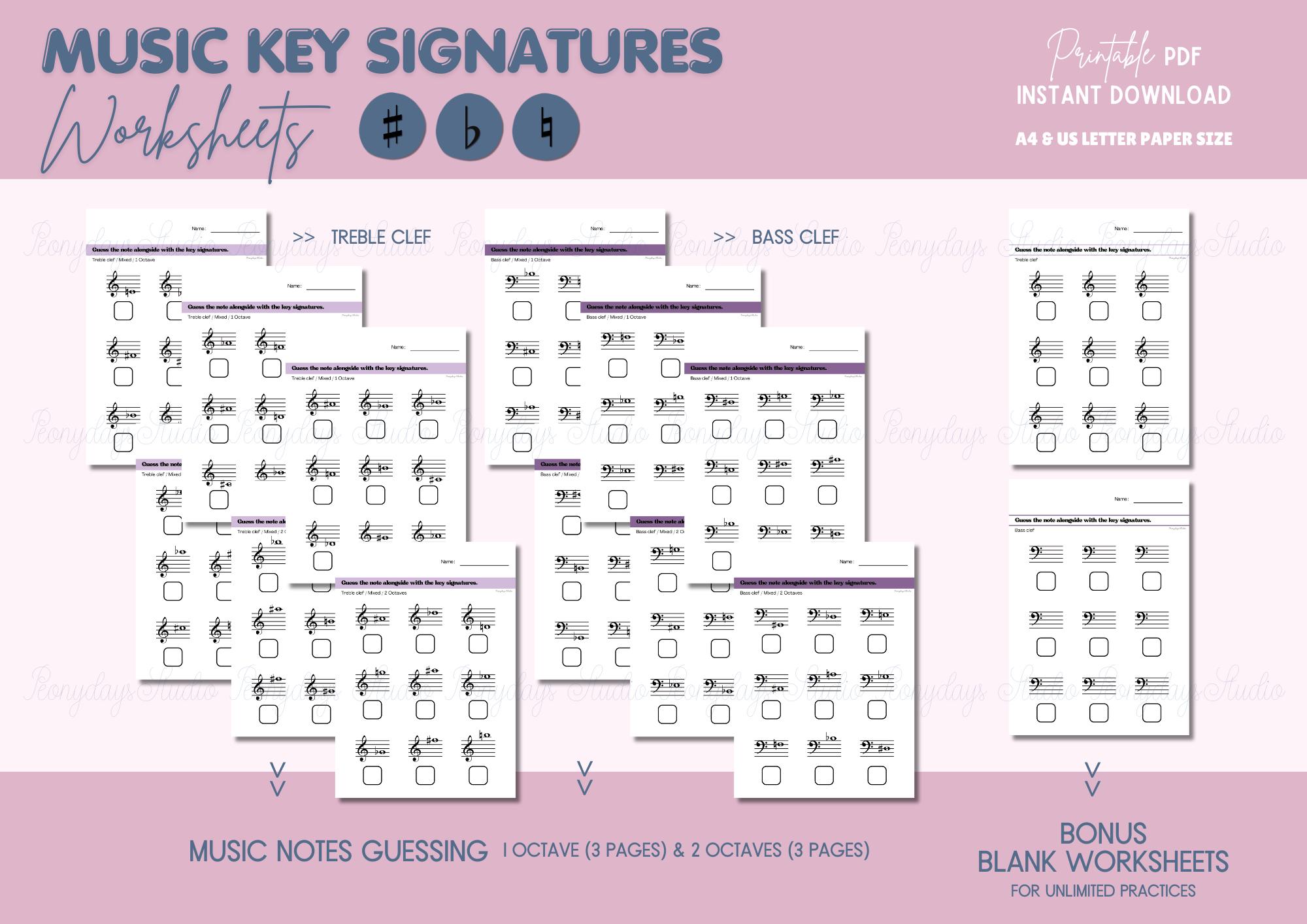 PRINTABLE PDF Music Key Signatures Worksheets | Learn Practice Notes ...