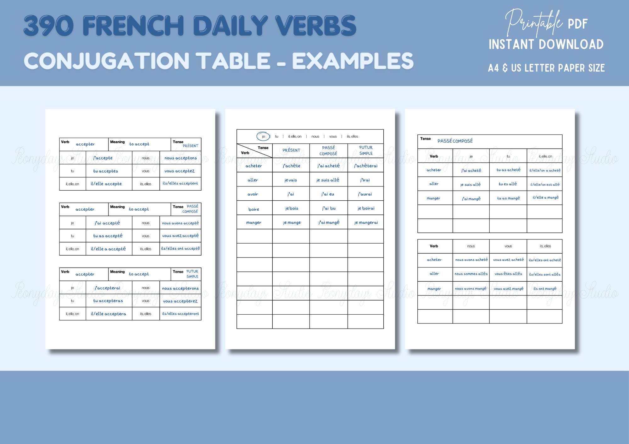 PRINTABLE PDF 390 French Verbs Flashcards | A4 US Letter | Daily Verbs ...