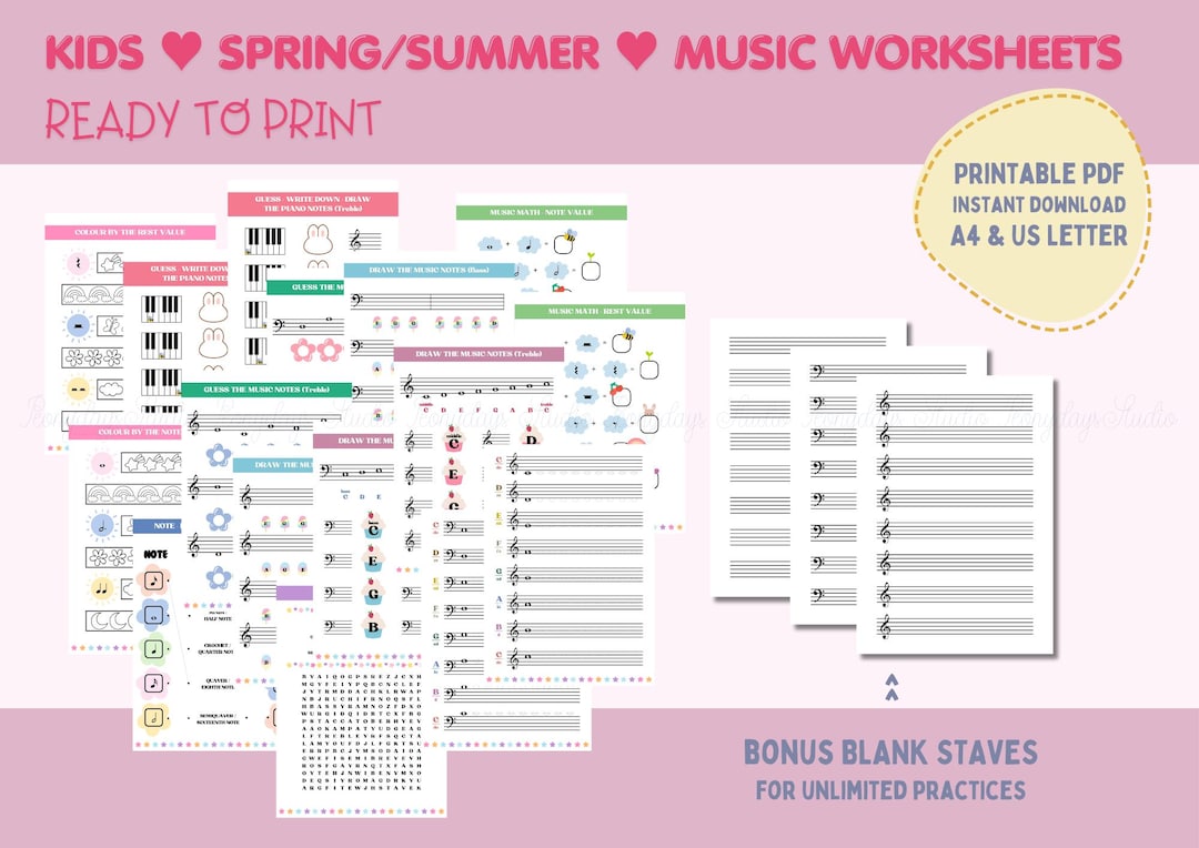 PRINTABLE PDF Music Worksheets for Beginner Kids | Fun Spring & Summer ...