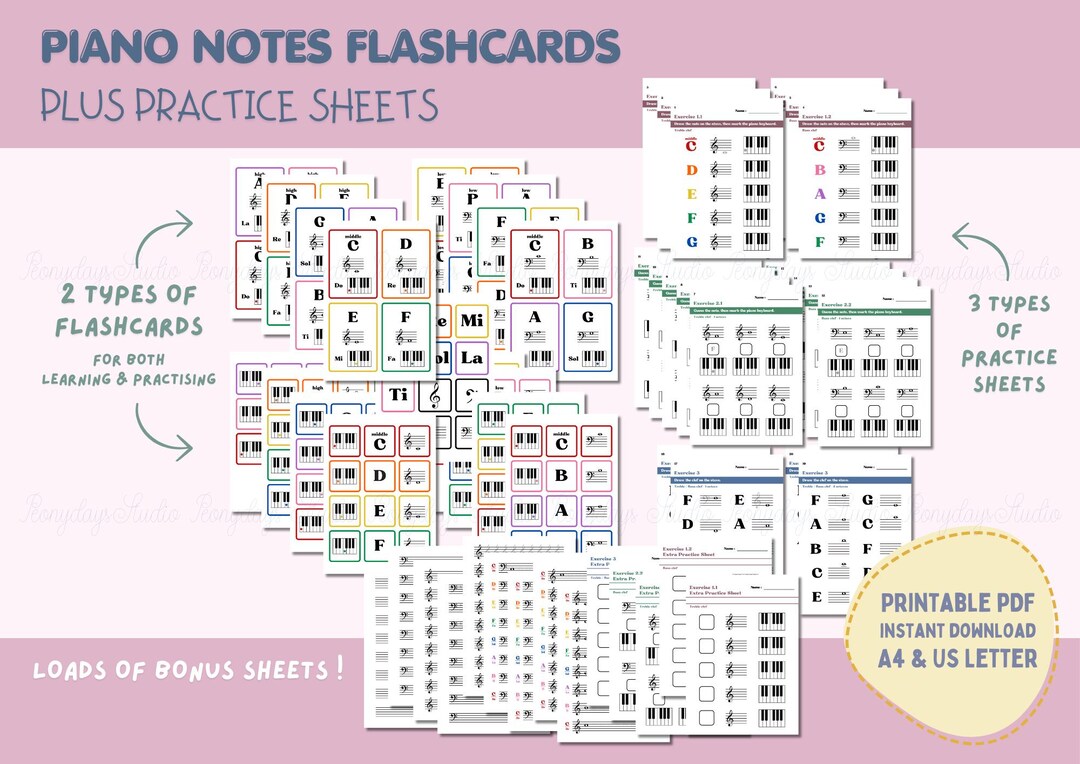 Piano Music Note Flashcards | 2 Octaves, Exercises (printable PDF) - Etsy
