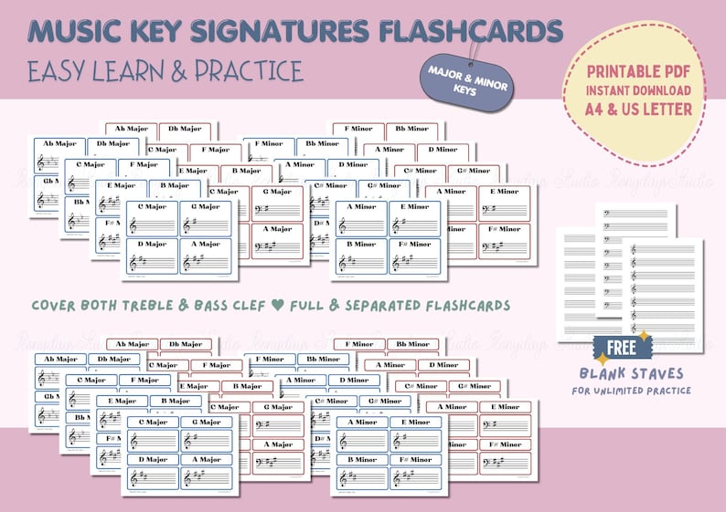 PRINTABLE PDF Music Key Signatures Flashcards | Kids Adults Beginner ...