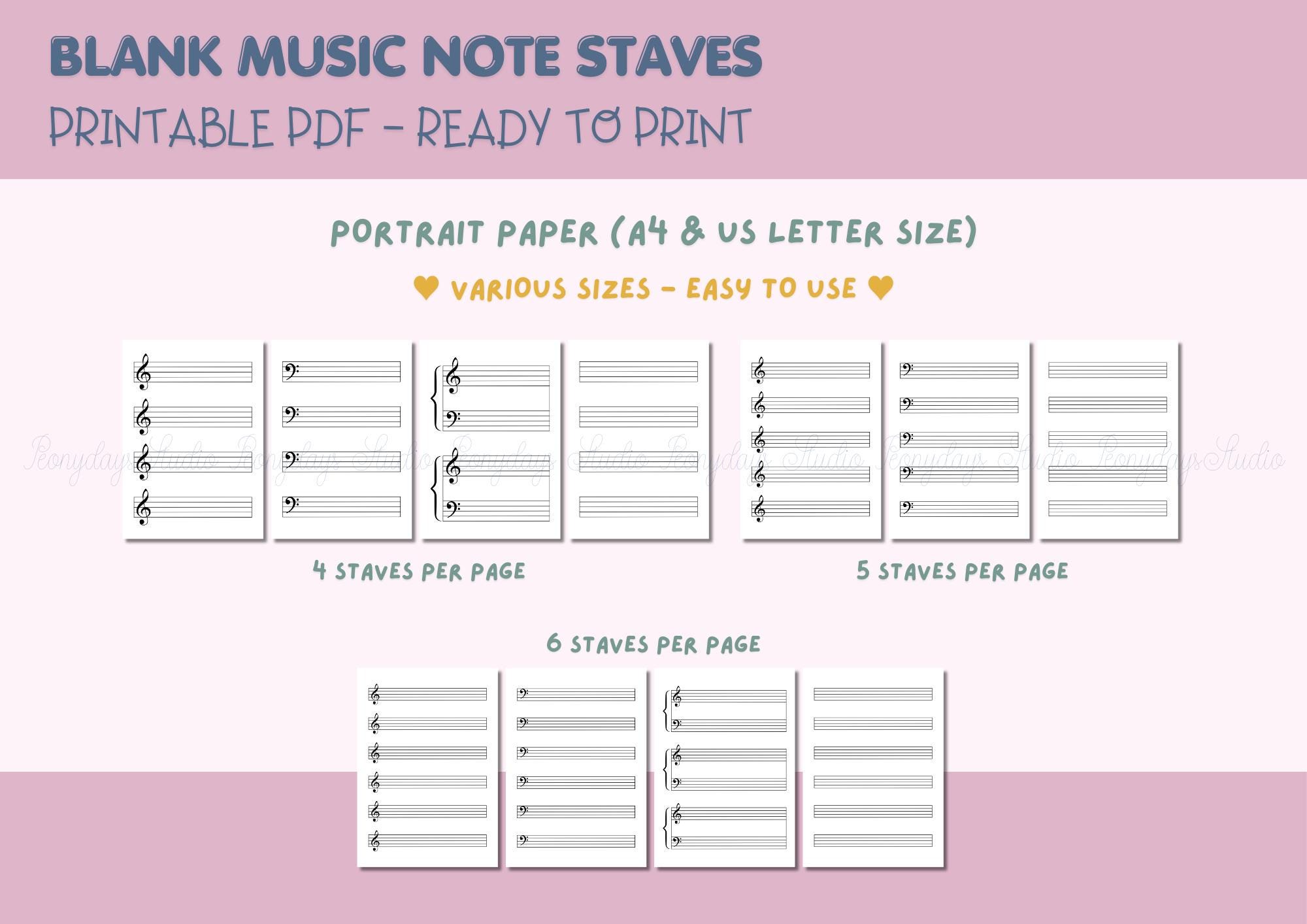 PRINTABLE PDF Blank Music Note Stave Staff | Printable Sheets for Note ...