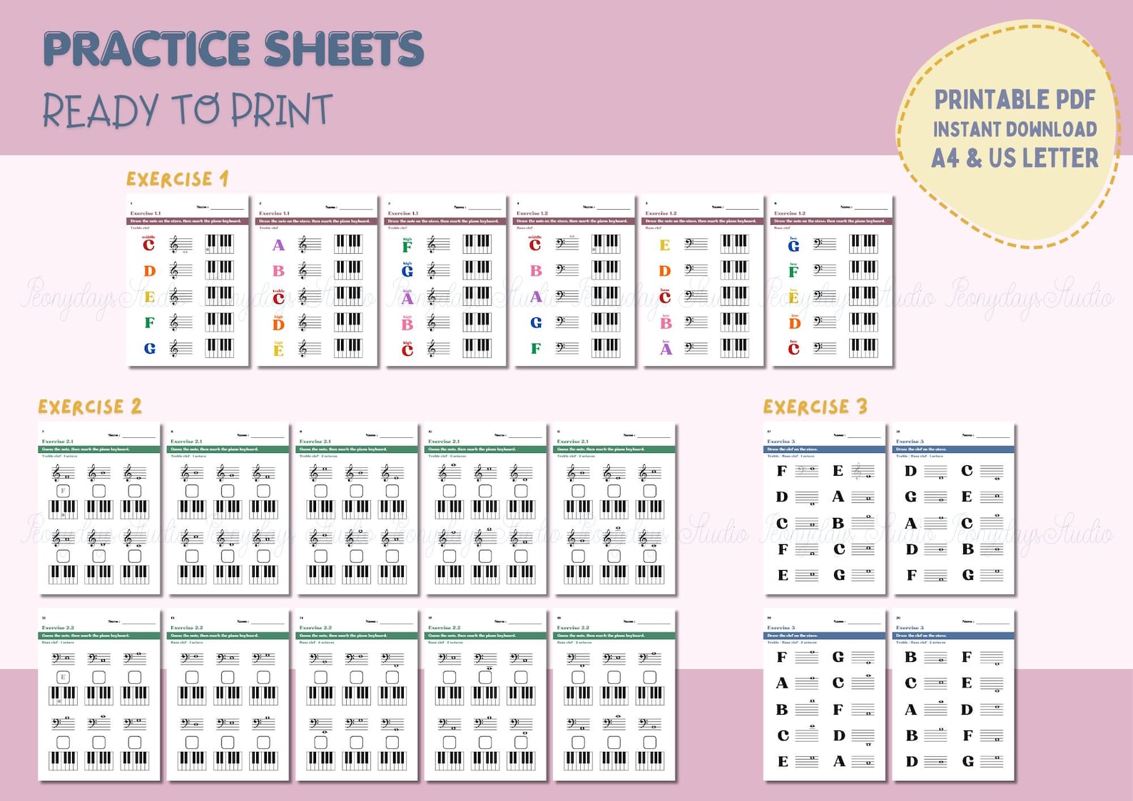 Piano Music Note Flashcards | 2 Octaves, Exercises (printable PDF) - Etsy