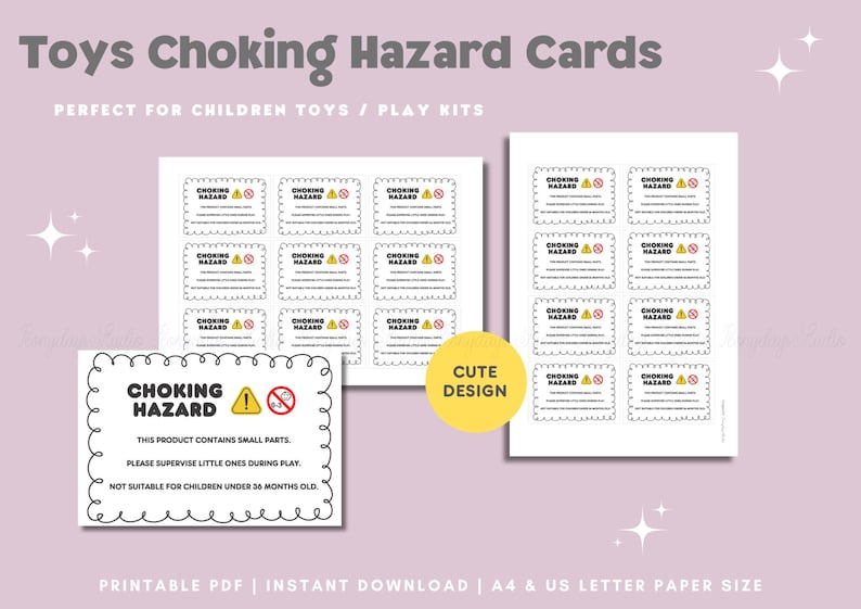 Toy Choking Hazard Warning Cards: Small Parts Safety Labels (printable ...