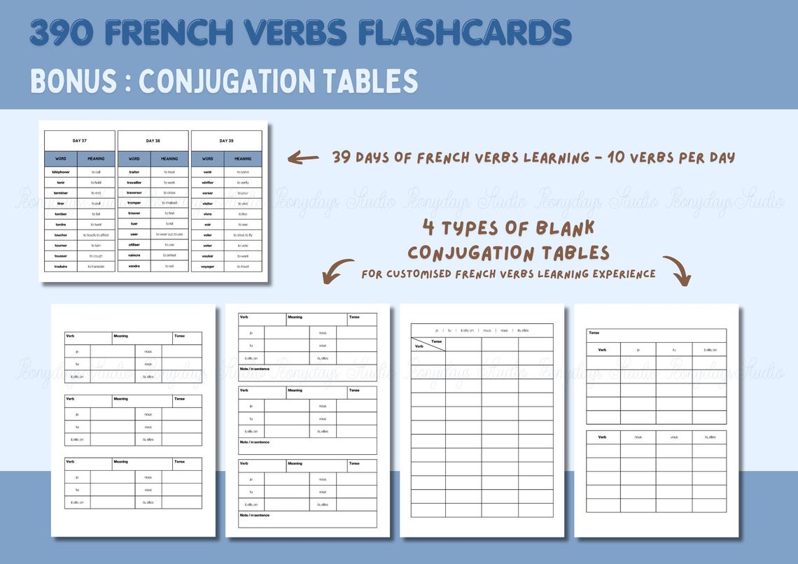 390 French Verbs Printable Print Cut Flashcards With Blank Conjugation ...
