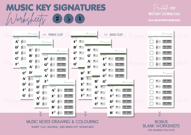 PRINTABLE PDF Music Key Signatures Worksheets | Learn Practice Notes ...