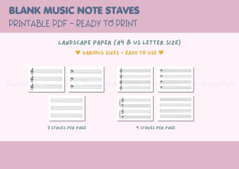 PRINTABLE PDF Blank Music Note Stave Staff Printable Sheets for Note ...