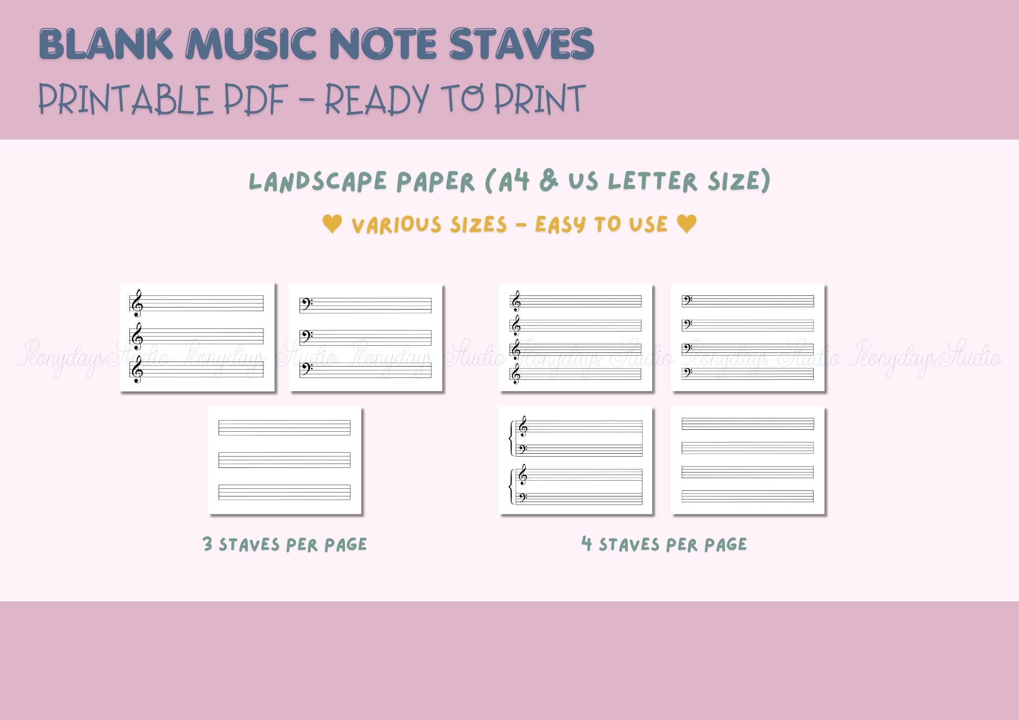 PRINTABLE PDF Blank Music Note Stave Staff | Printable Sheets for Note ...